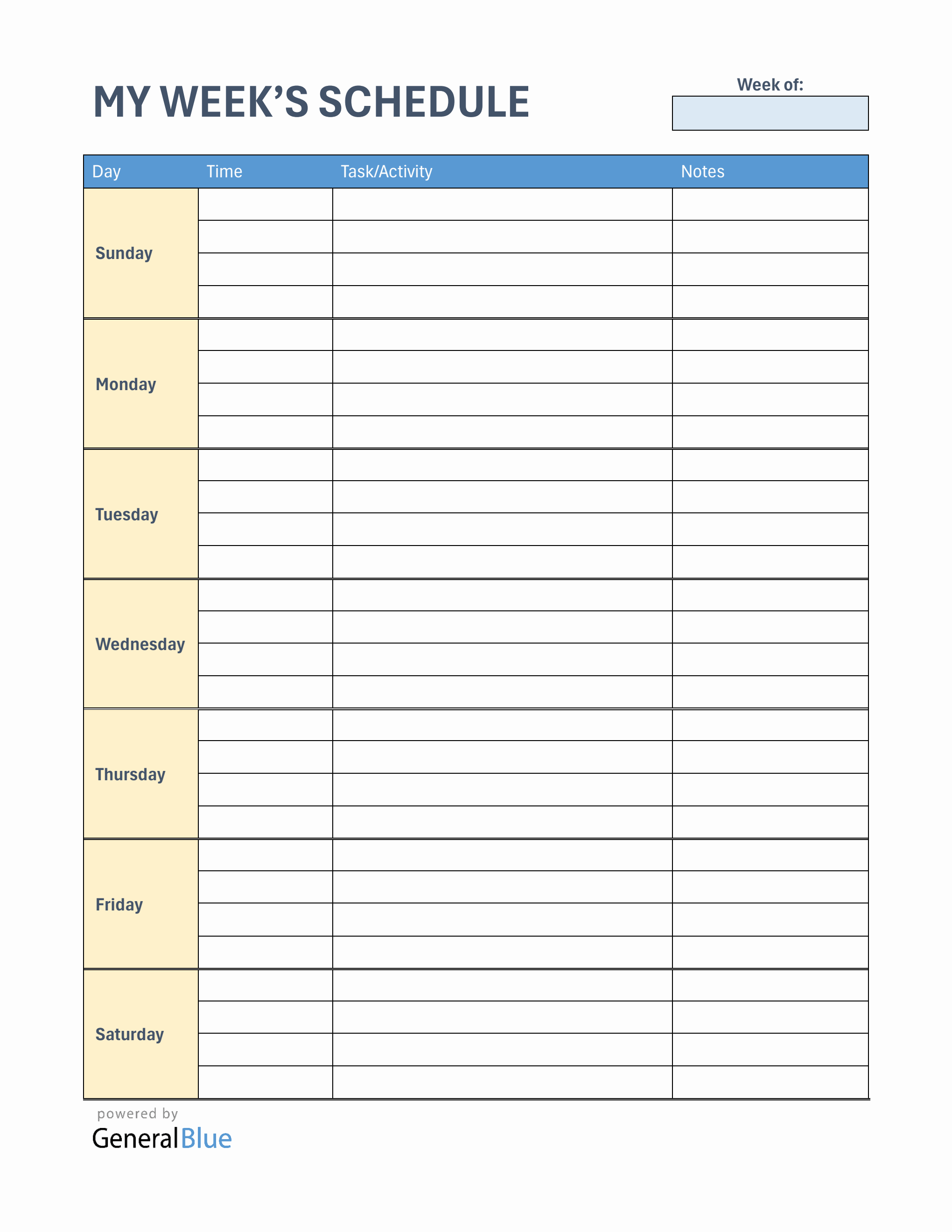 Free Weekly Schedule Template in Word (Basic)