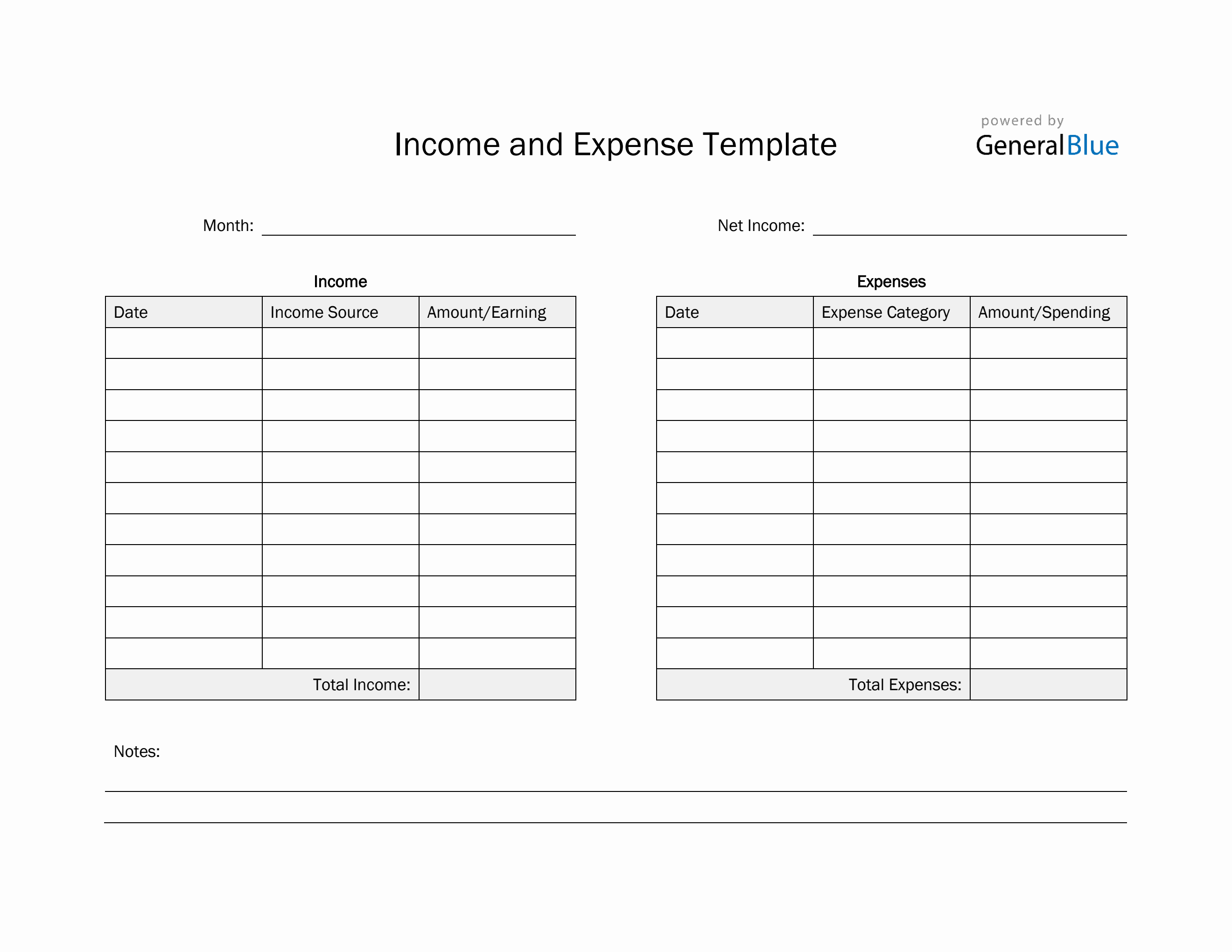 Printable Income and Expense Template in PDF