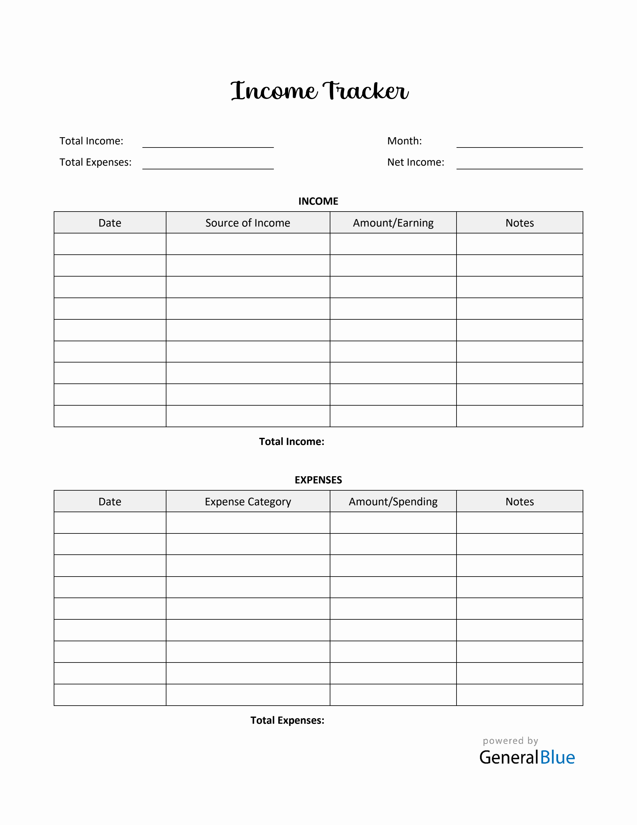 Printable Income Tracker in PDF