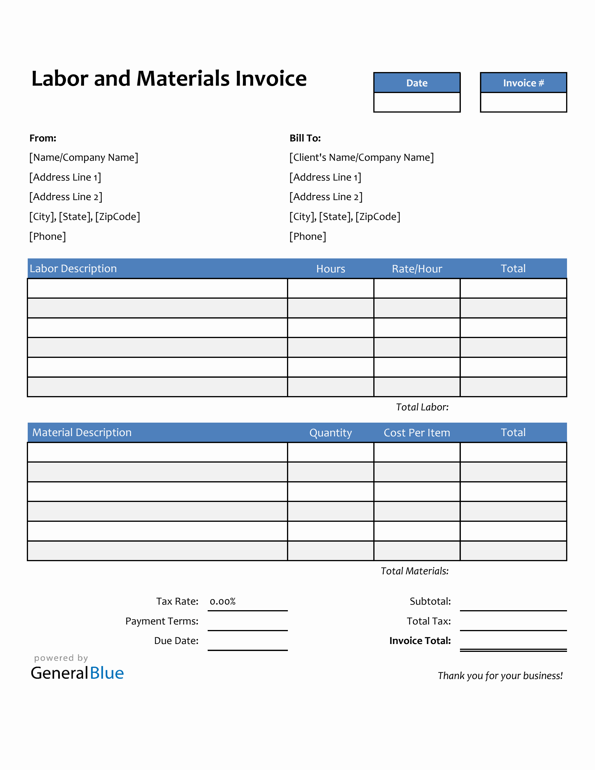 Labor and Materials Invoice in Excel (Striped)