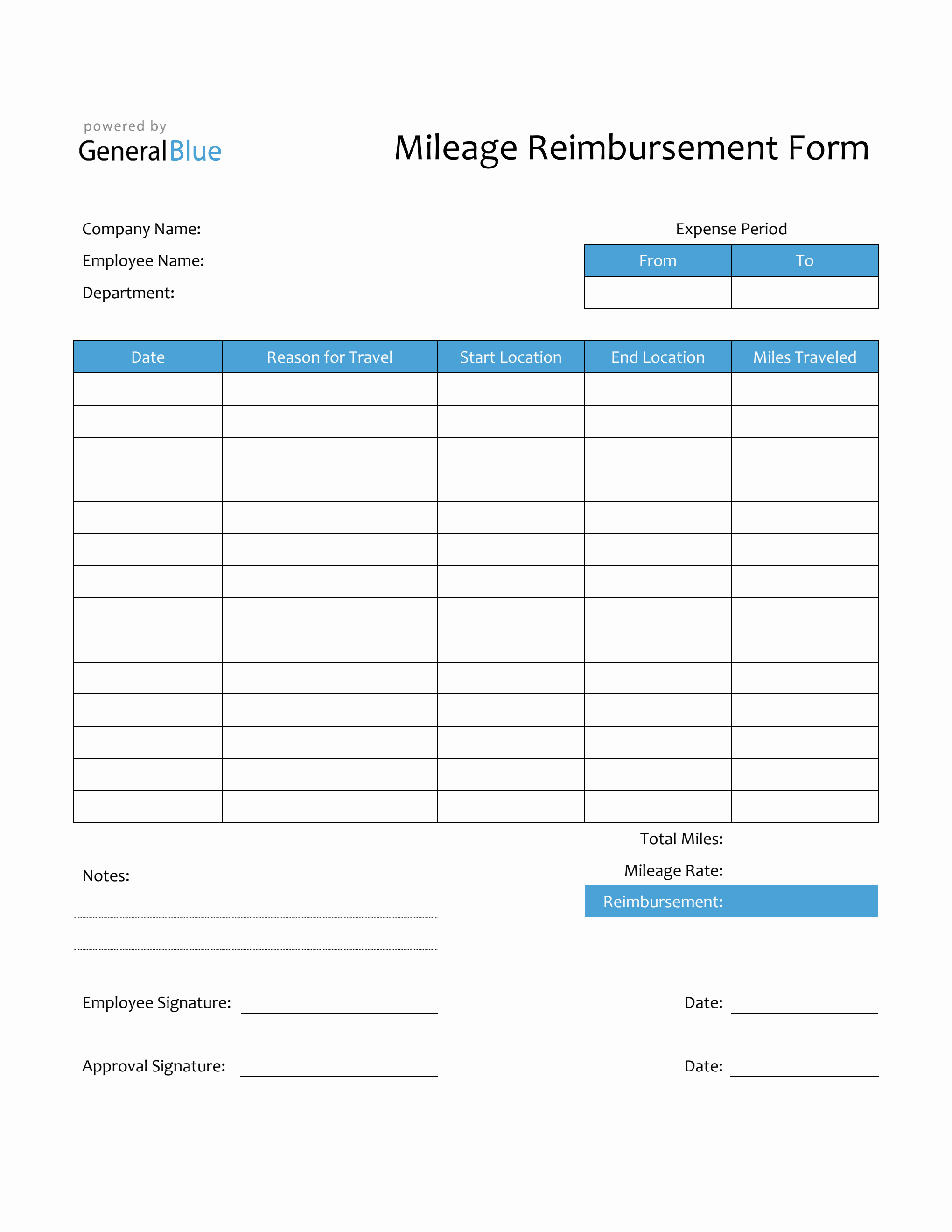 Mileage Reimbursement Form in PDF (Blue)