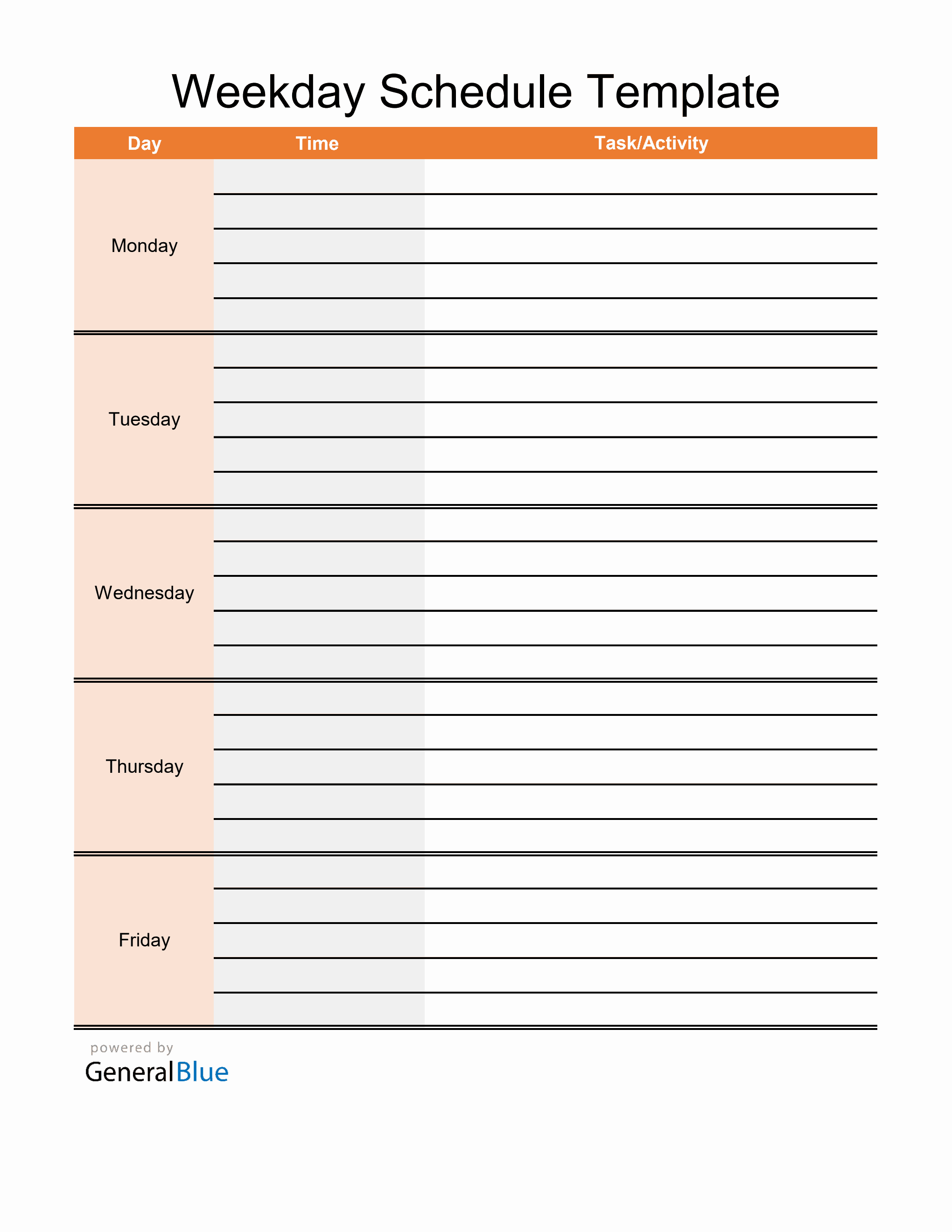 Free Editable Monday to Friday Schedule Template in Excel