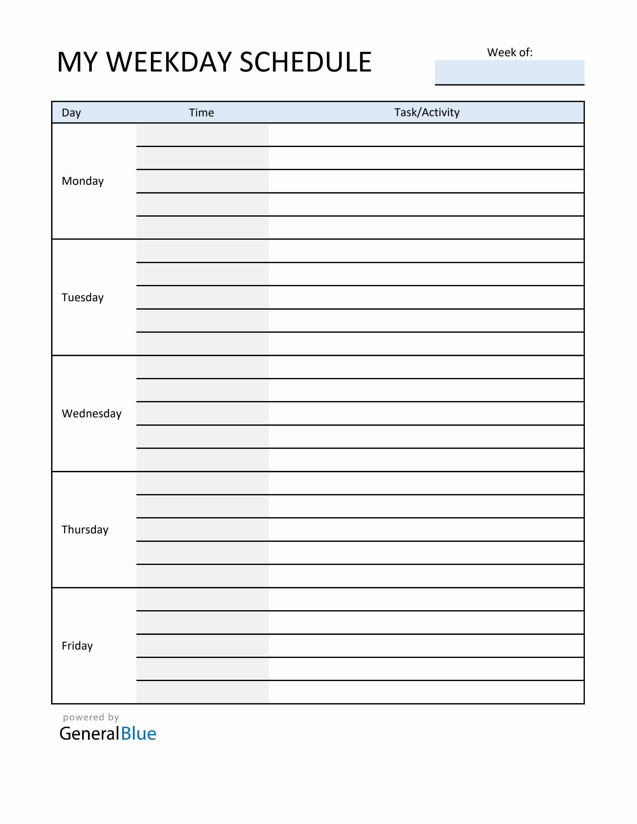 Free Customizable Monday to Friday Schedule Template in Excel