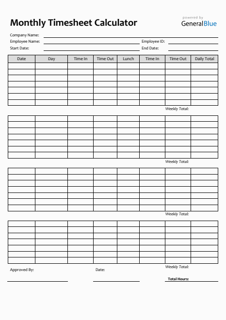Monthly Timesheet Templates Monthly Timesheet Templates