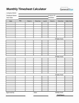 Monthly Timesheet Calculator in PDF (Simple)