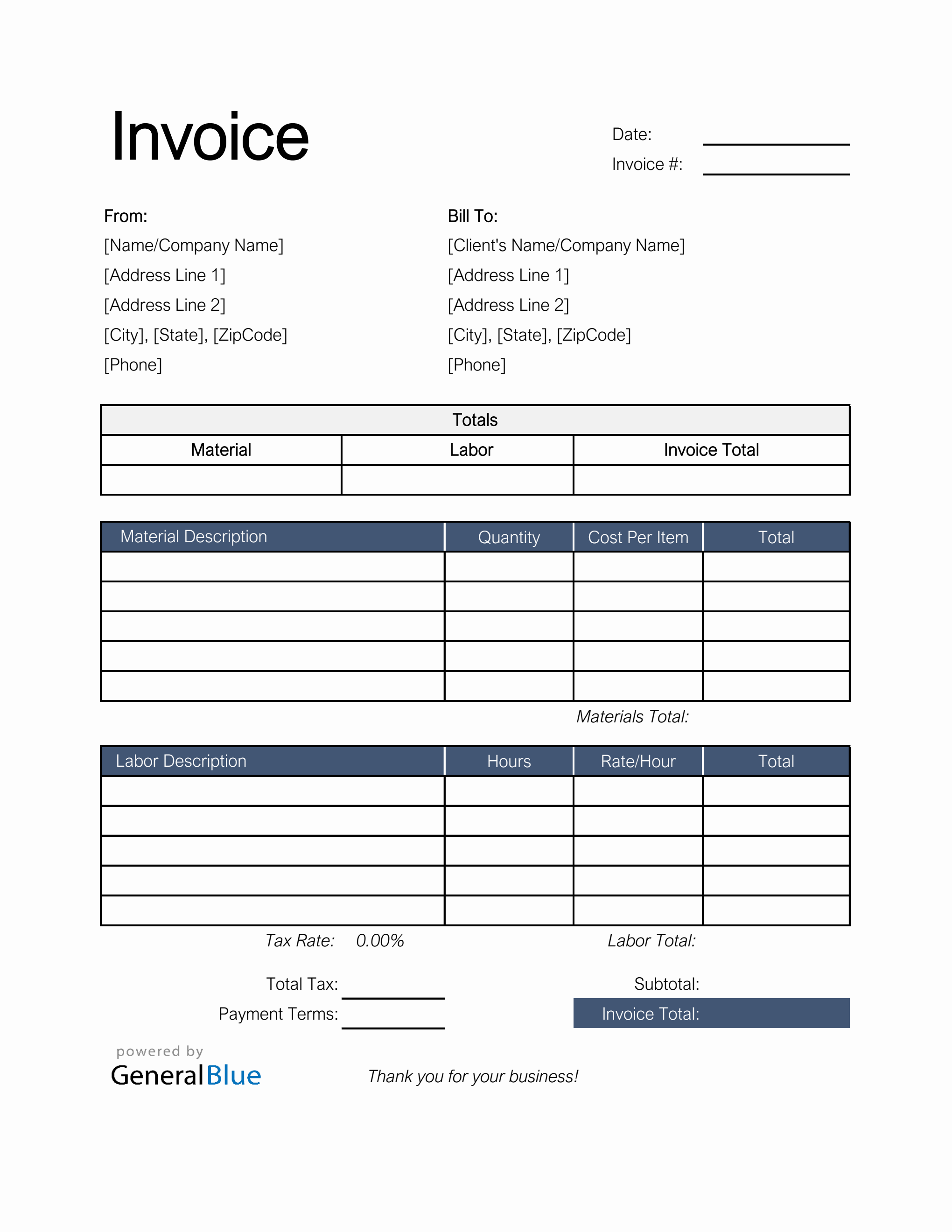 Parts and Labor Invoice in Excel (Basic)