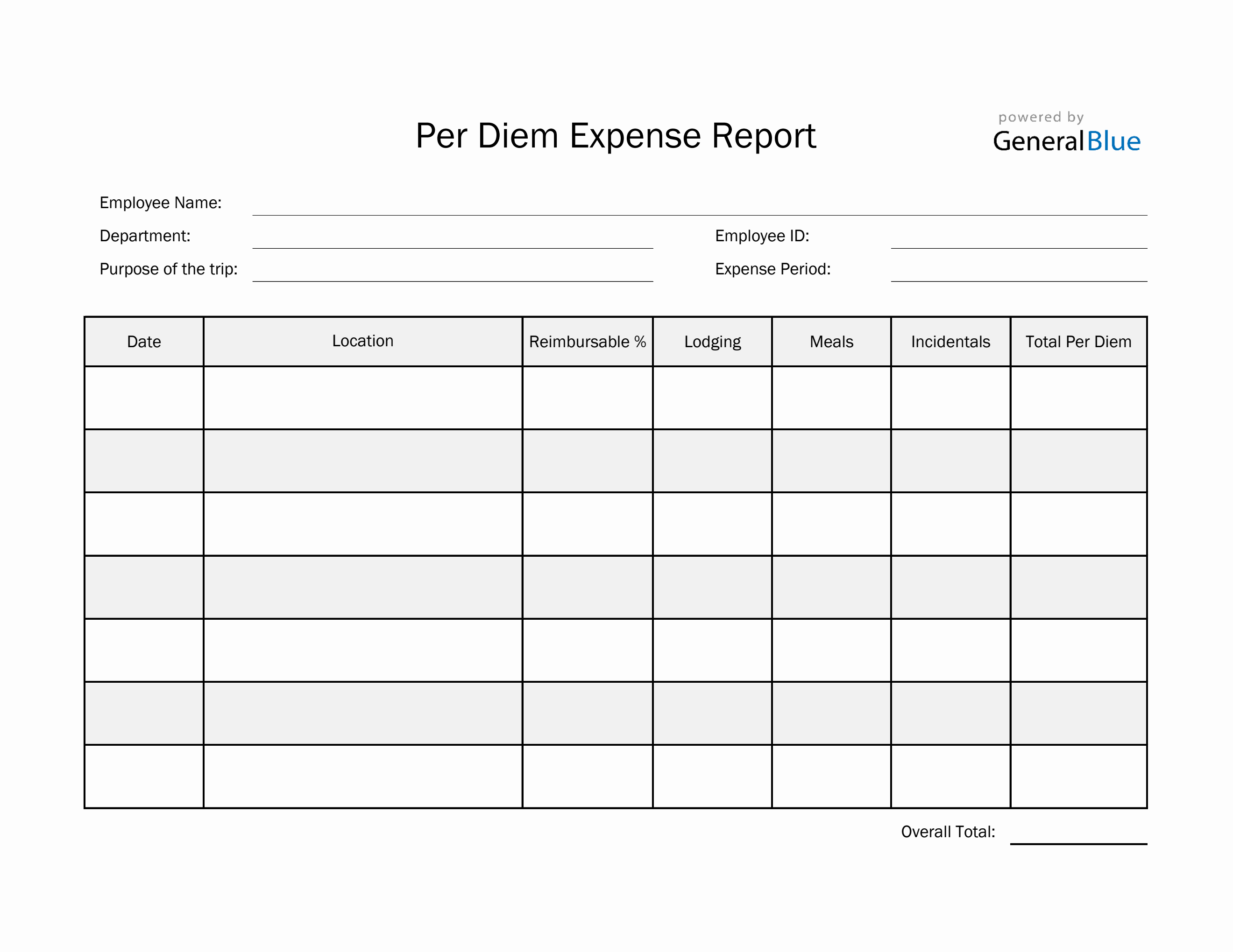 Per Diem Expense Report Template in Excel (Striped)