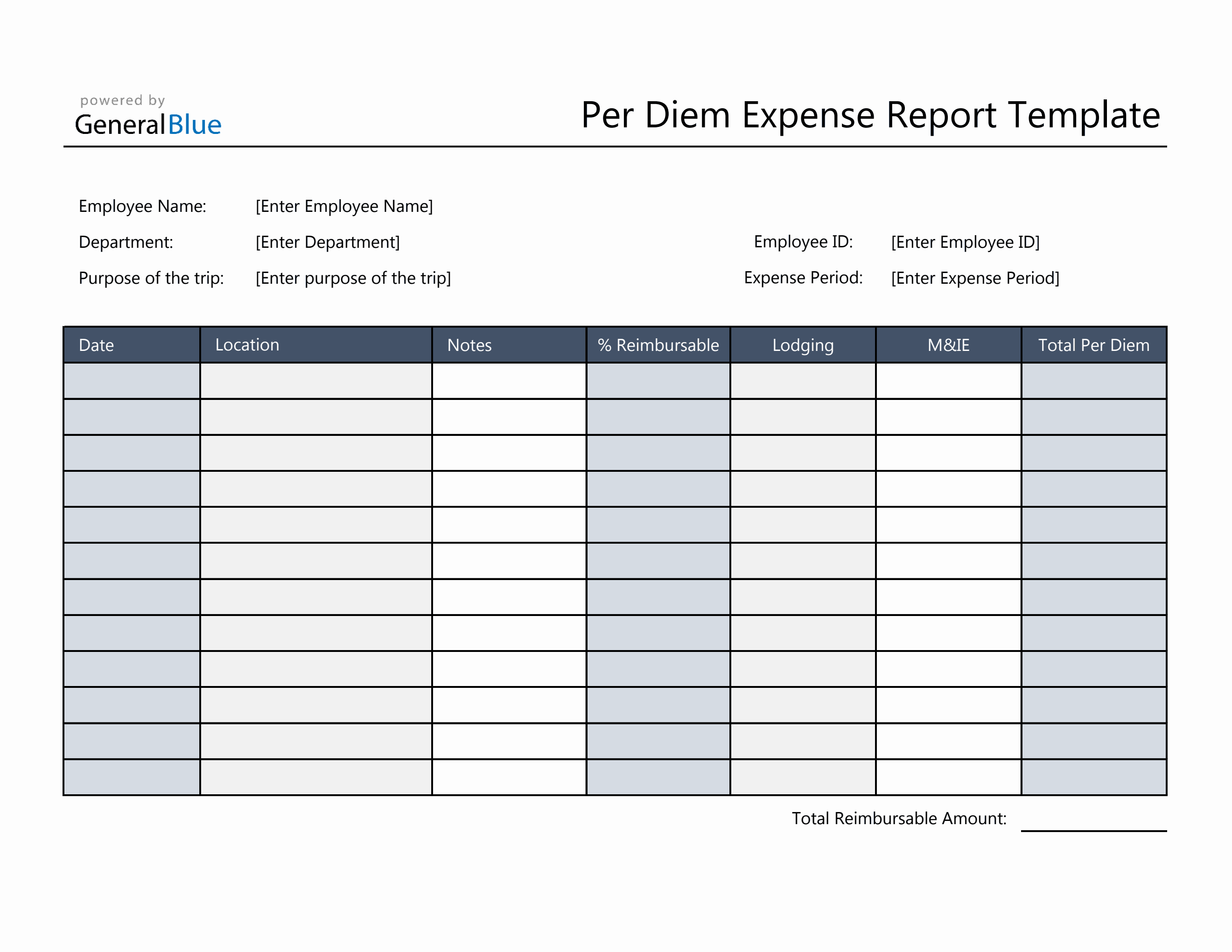 Editable Per Diem Expense Report in Excel