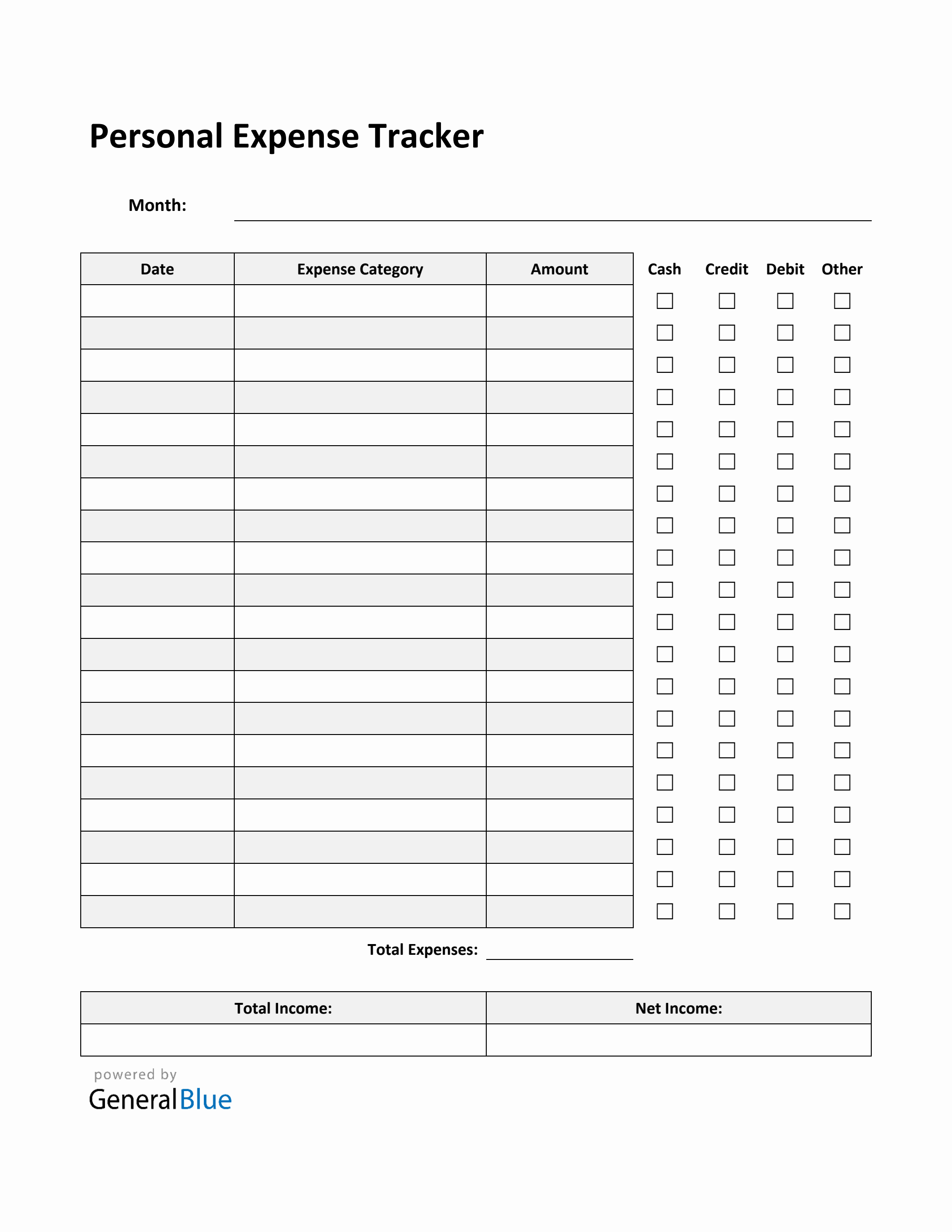 Personal Expense Tracker in PDF (Striped)