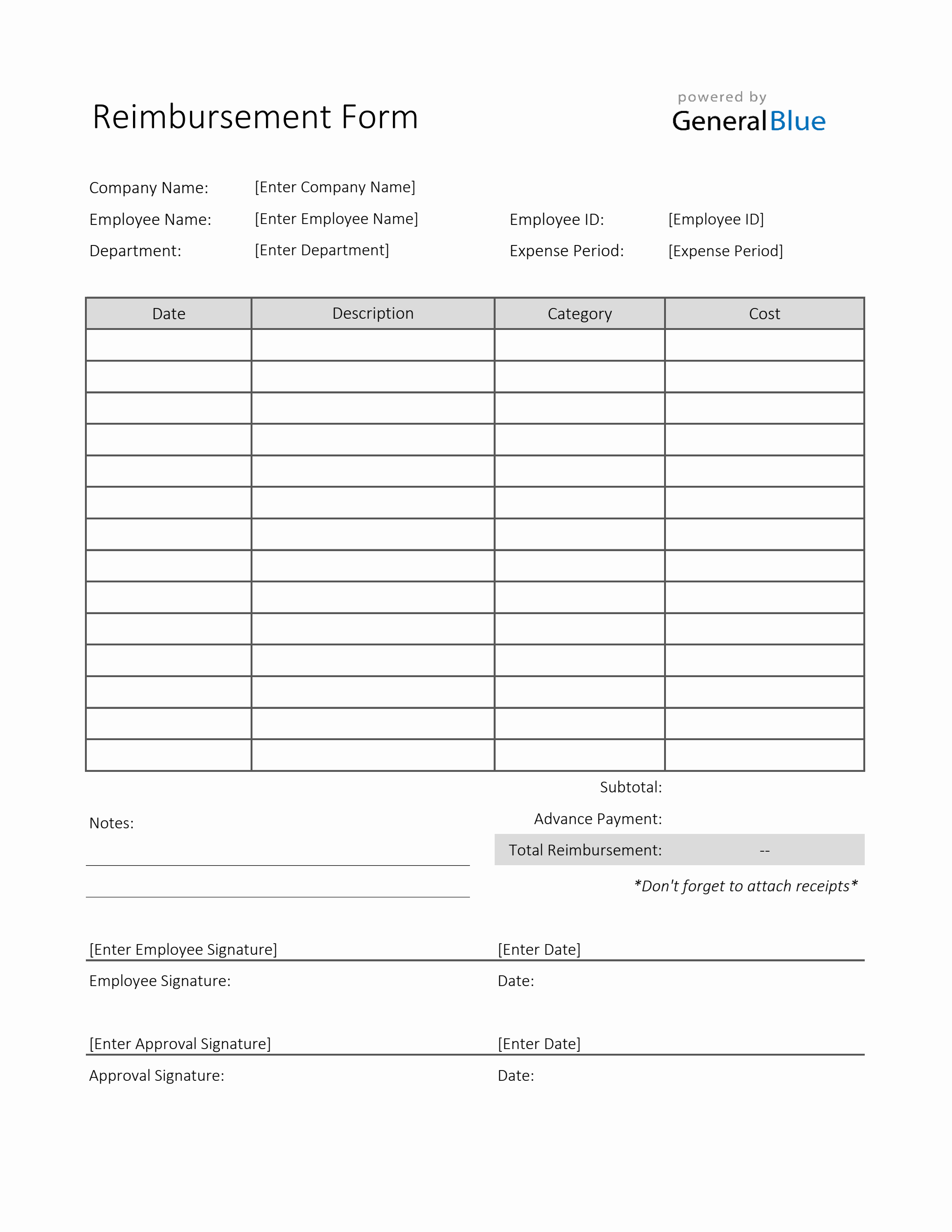 Printable Reimbursement Form in Excel (Gray)