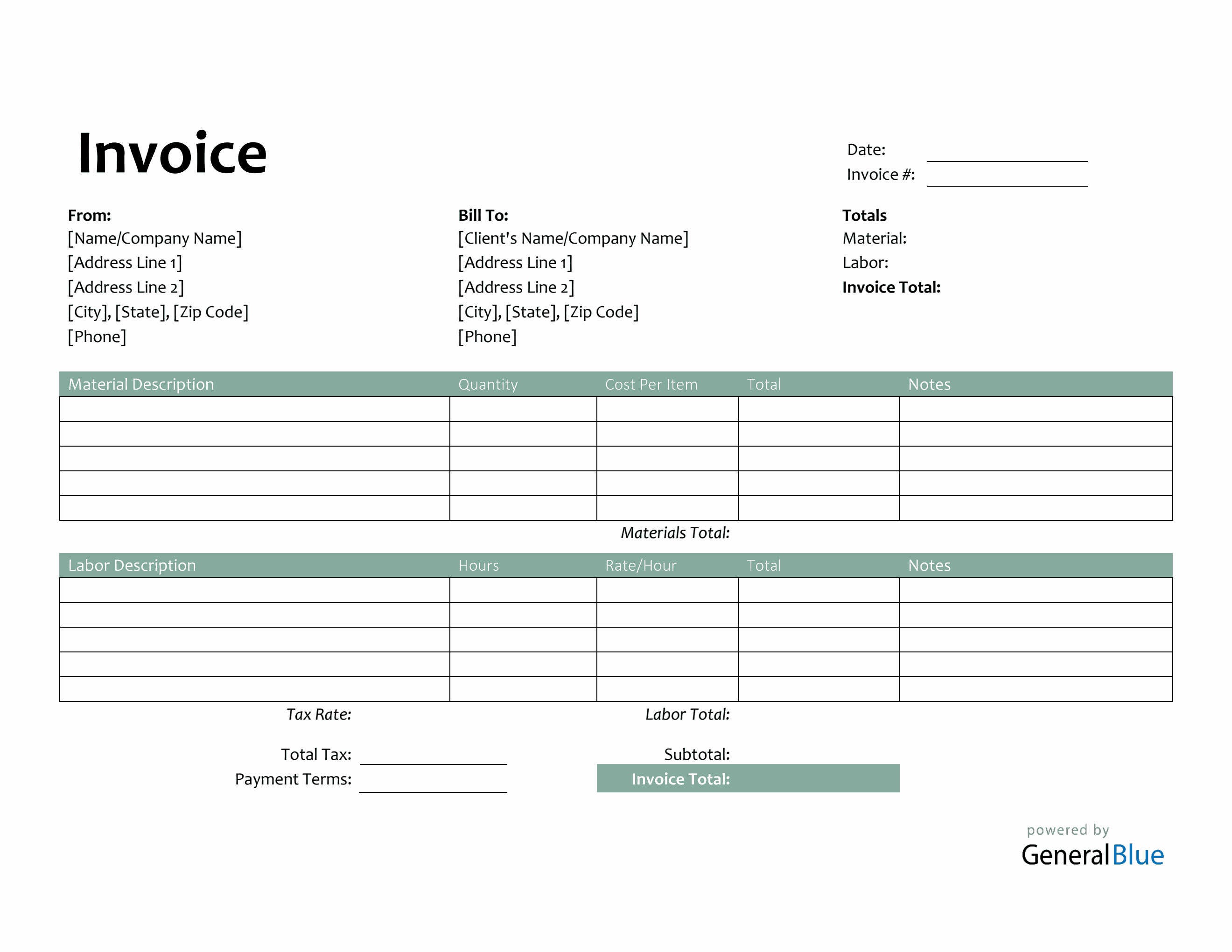 Printable Time and Materials Invoice in Word (Green)