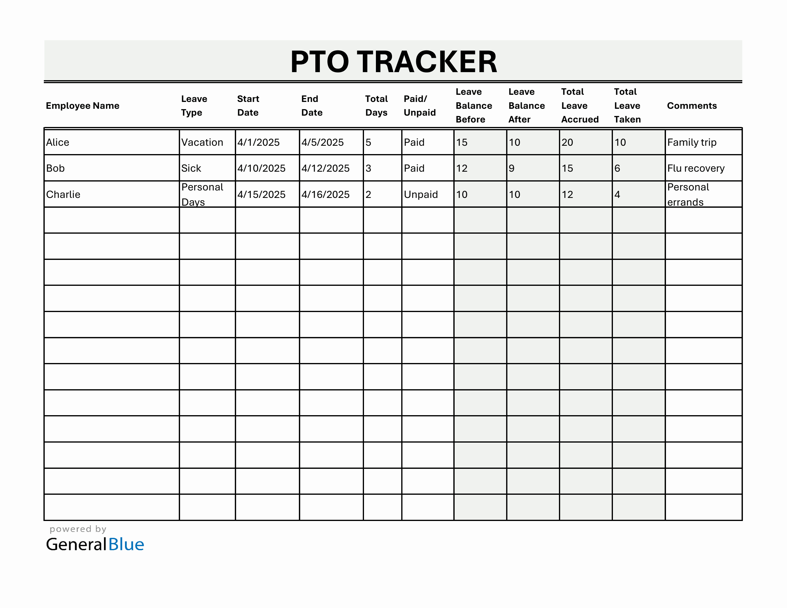Detailed PTO Tracker Template in Excel