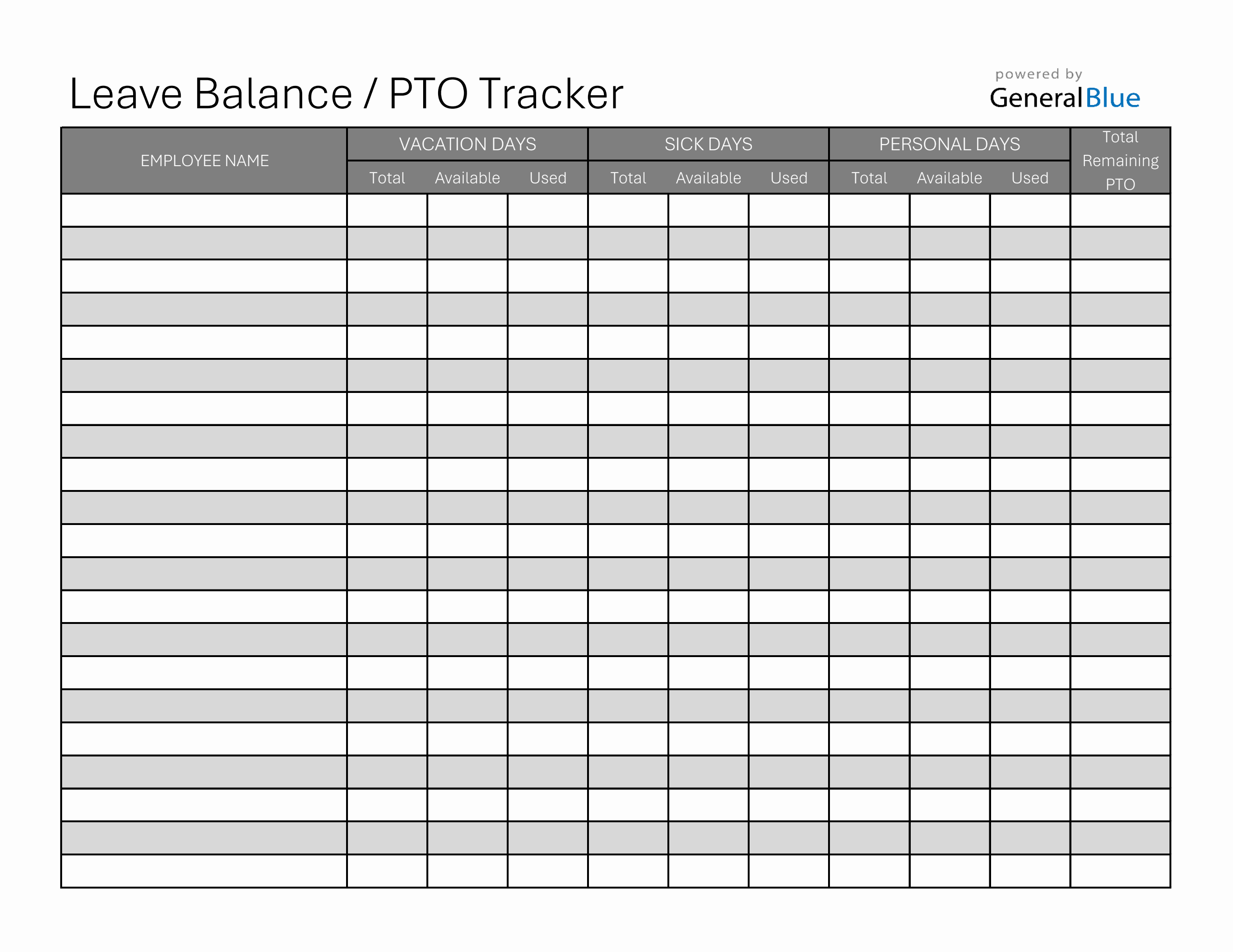Free Excel PTO/Leave Balance Tracker (Striped)