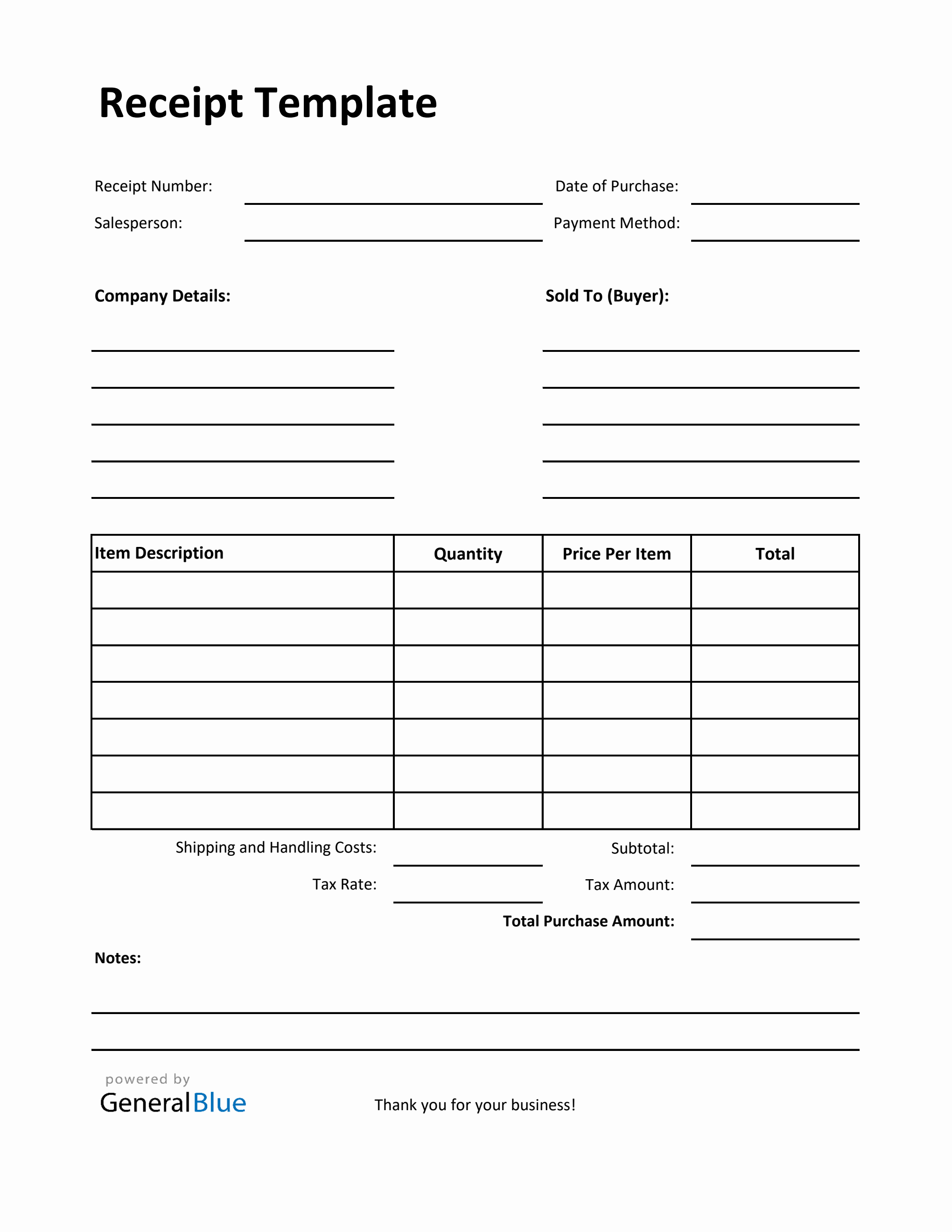 Printable Receipt Template with Notes in Excel