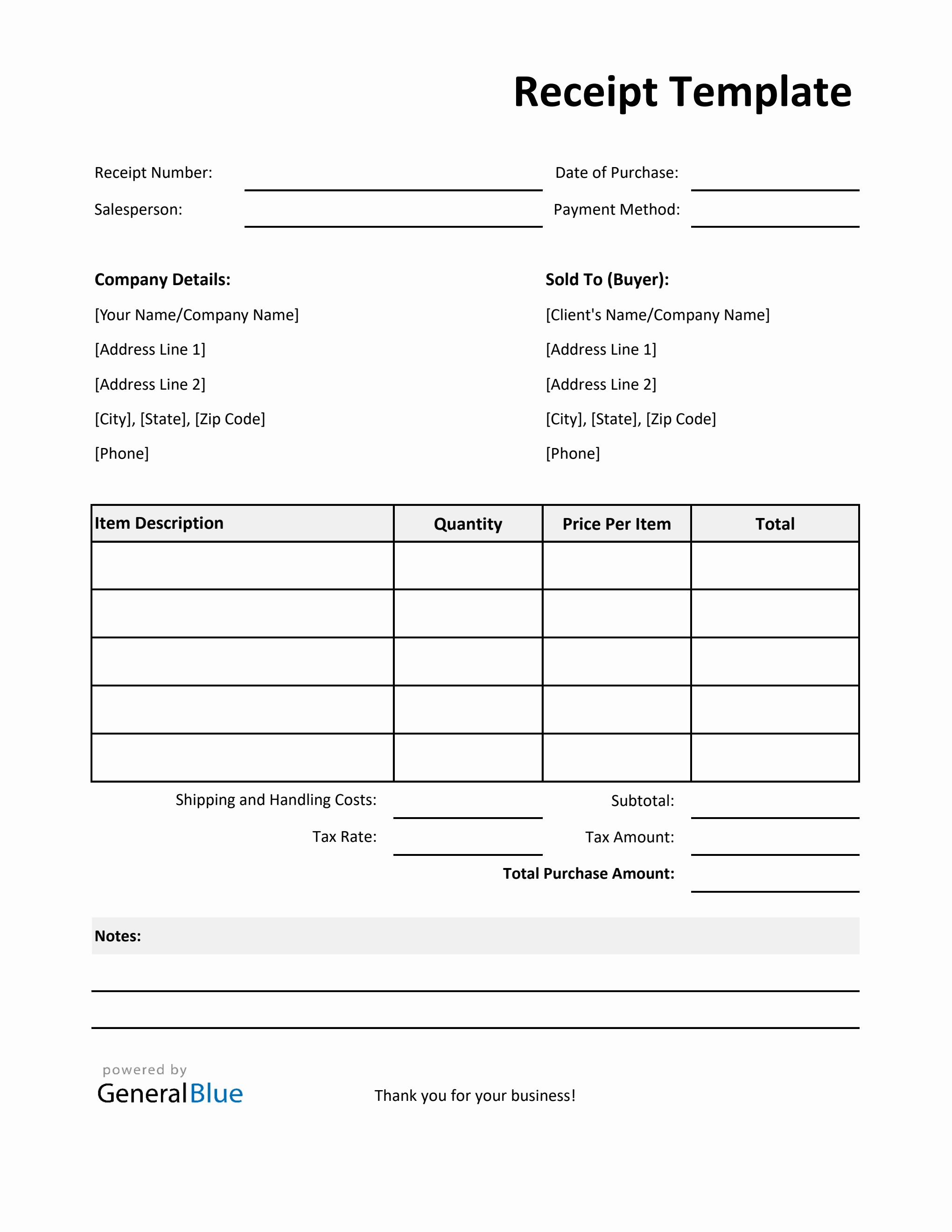 Basic Receipt Template with Notes in Excel