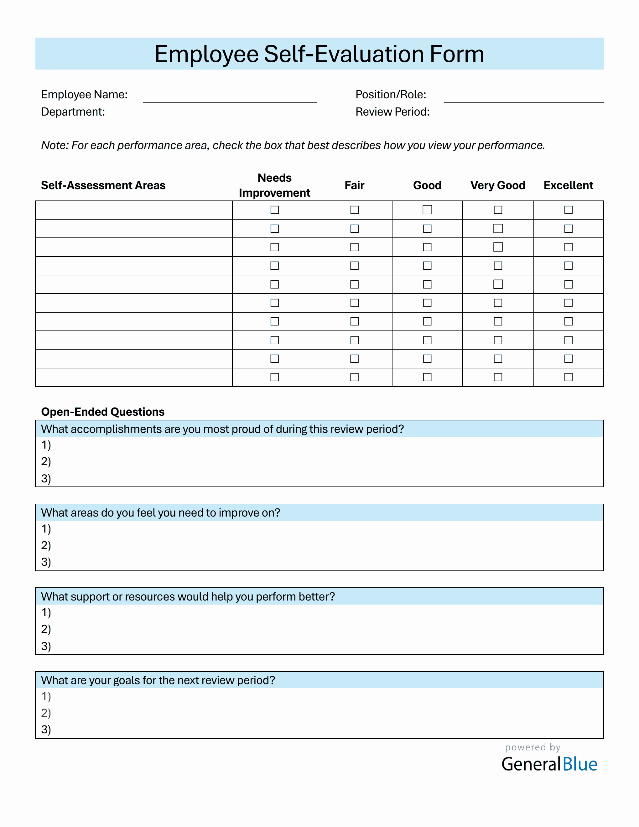 Customizable Employee Self Evaluation Performance Review Template (PDF)