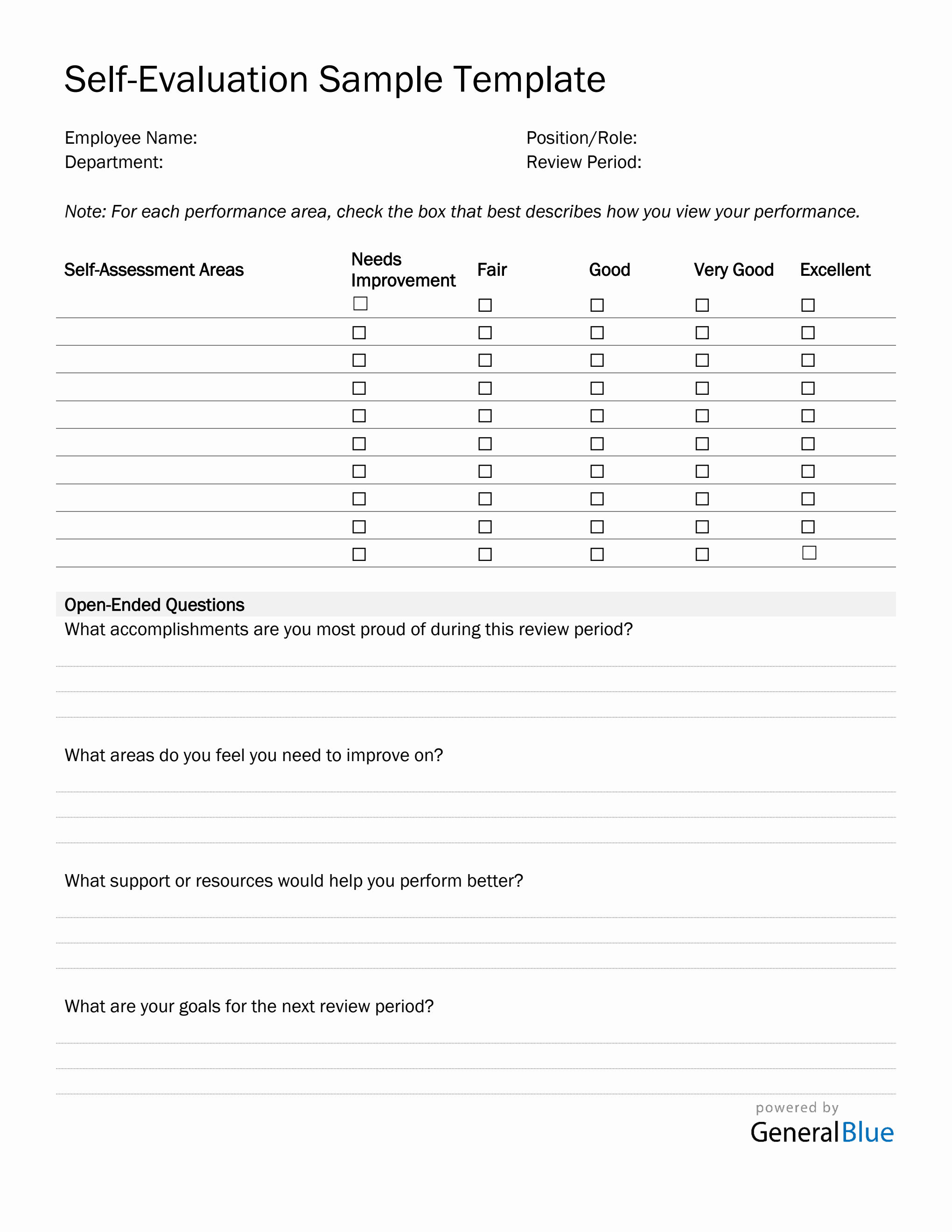 Printable Employee Self Evaluation Performance Review Template (Word)