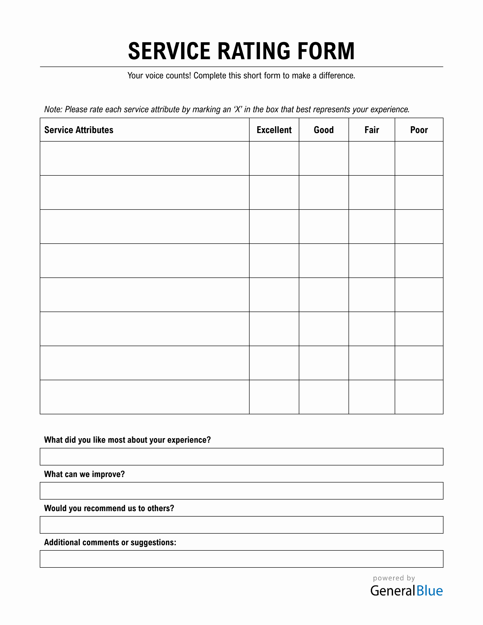 Service Review Template Word - Printable Portrait