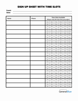 Sign Up Sheet With Time Slots in PDF