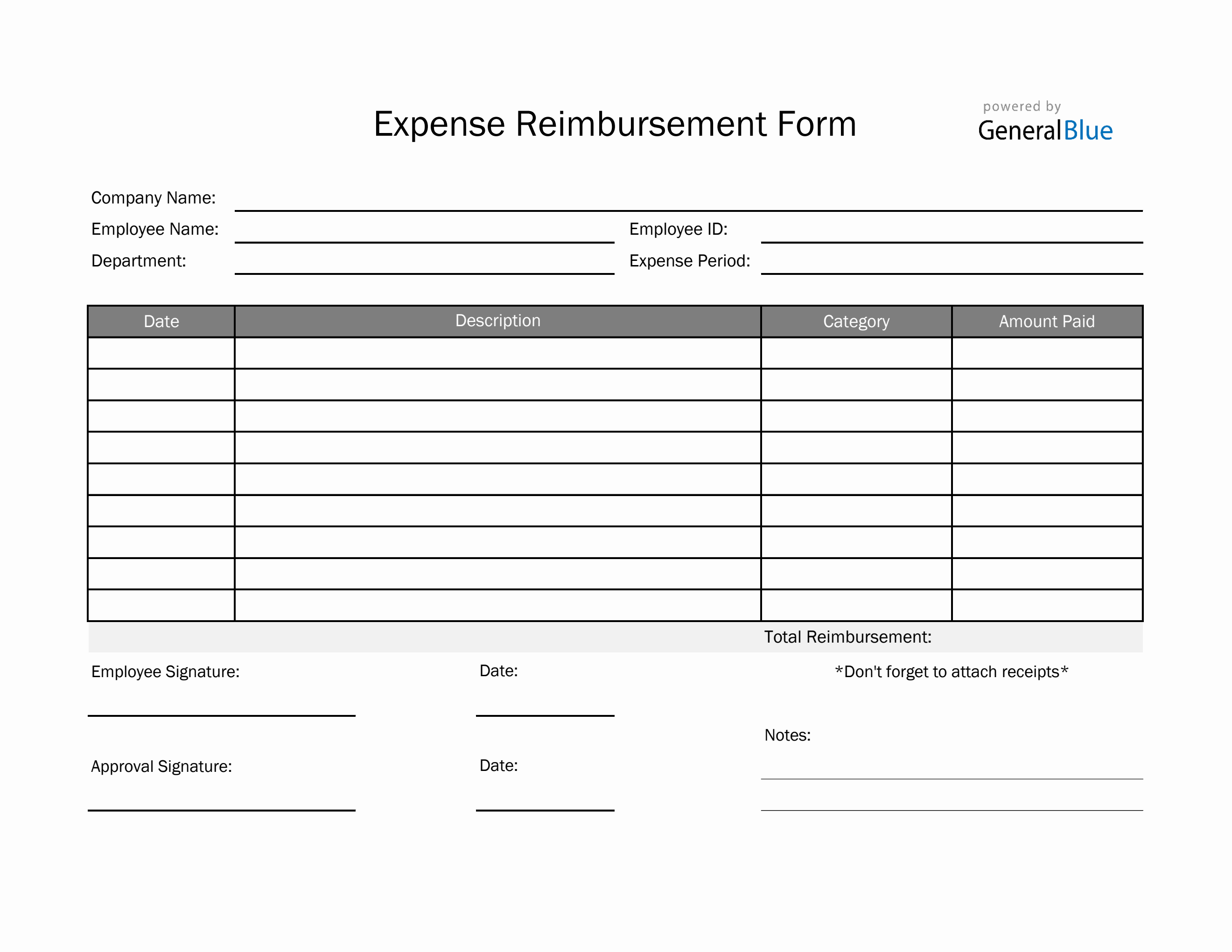 Simple Expense Reimbursement Form in Excel (Gray)