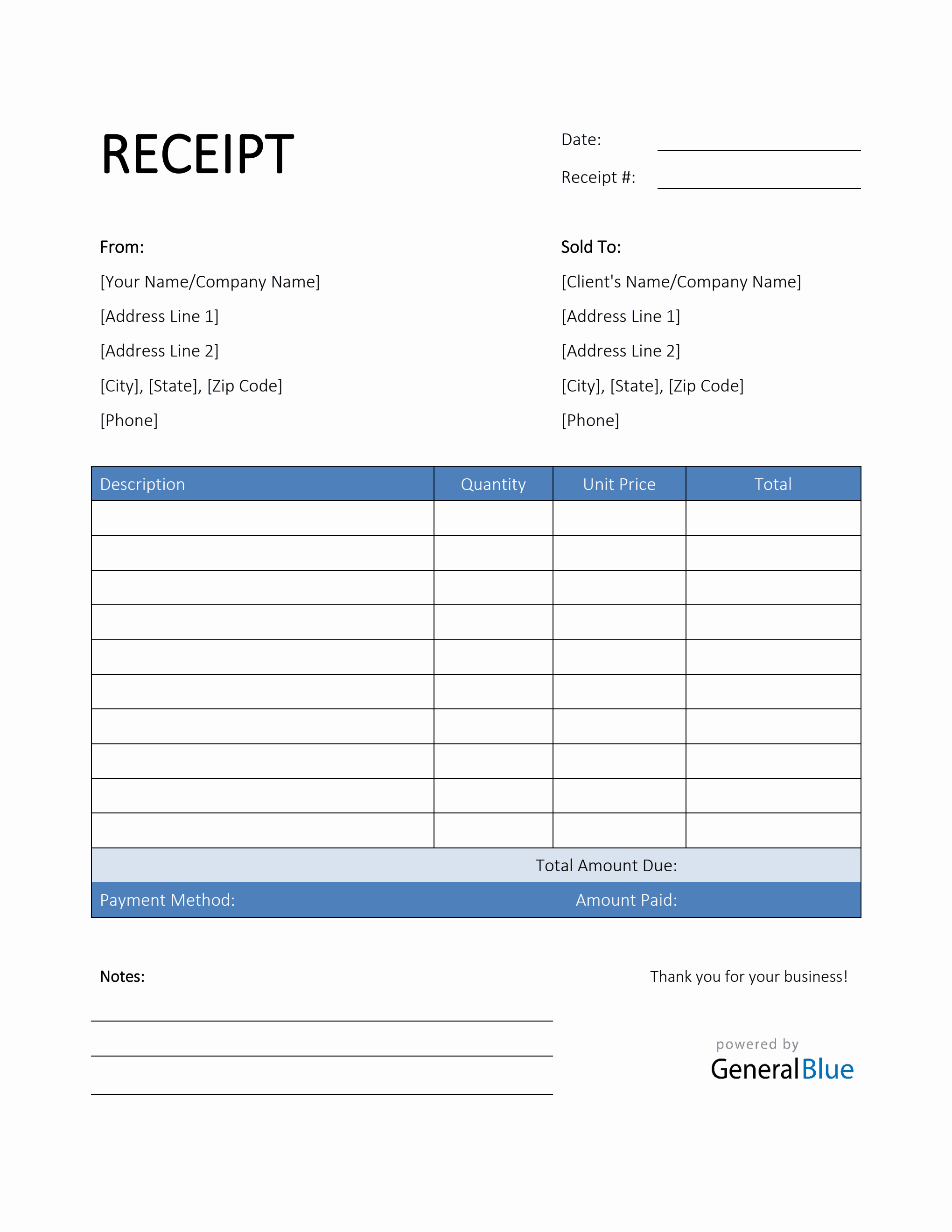 Simple Receipt Template in Word (Blue)
