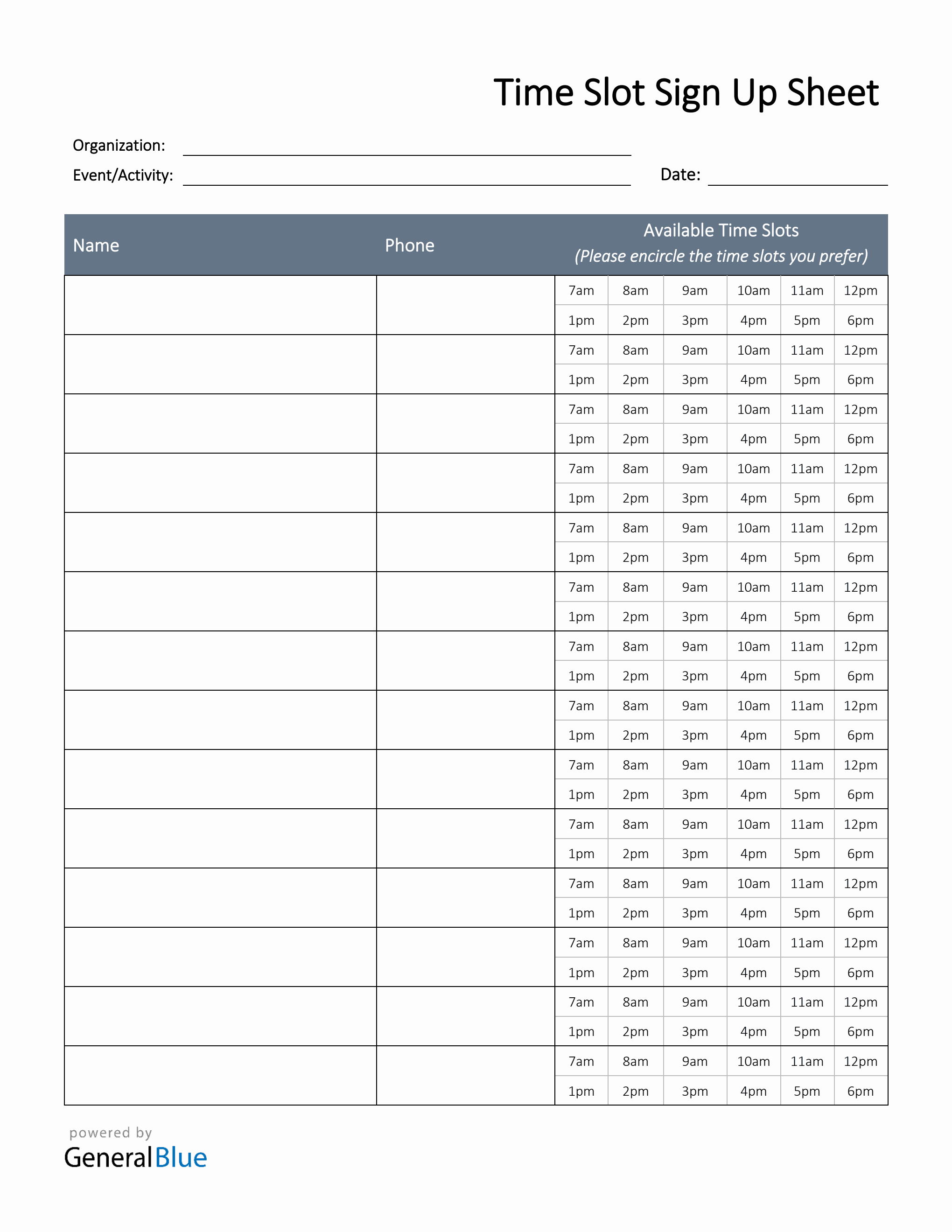 Time Slot Sign Up Sheet Template in PDF (Basic)