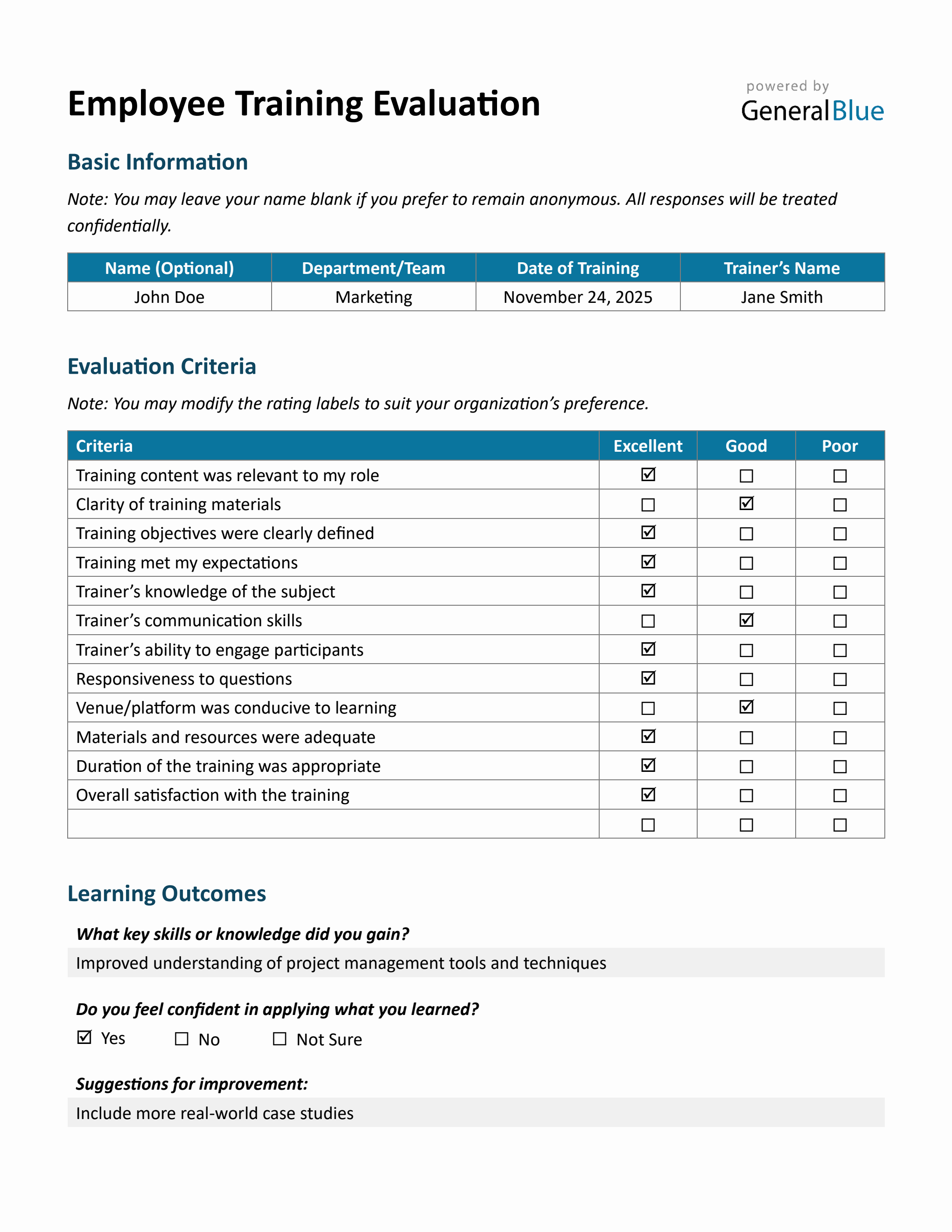 Simple Training Evaluation Form – Free Download in Word