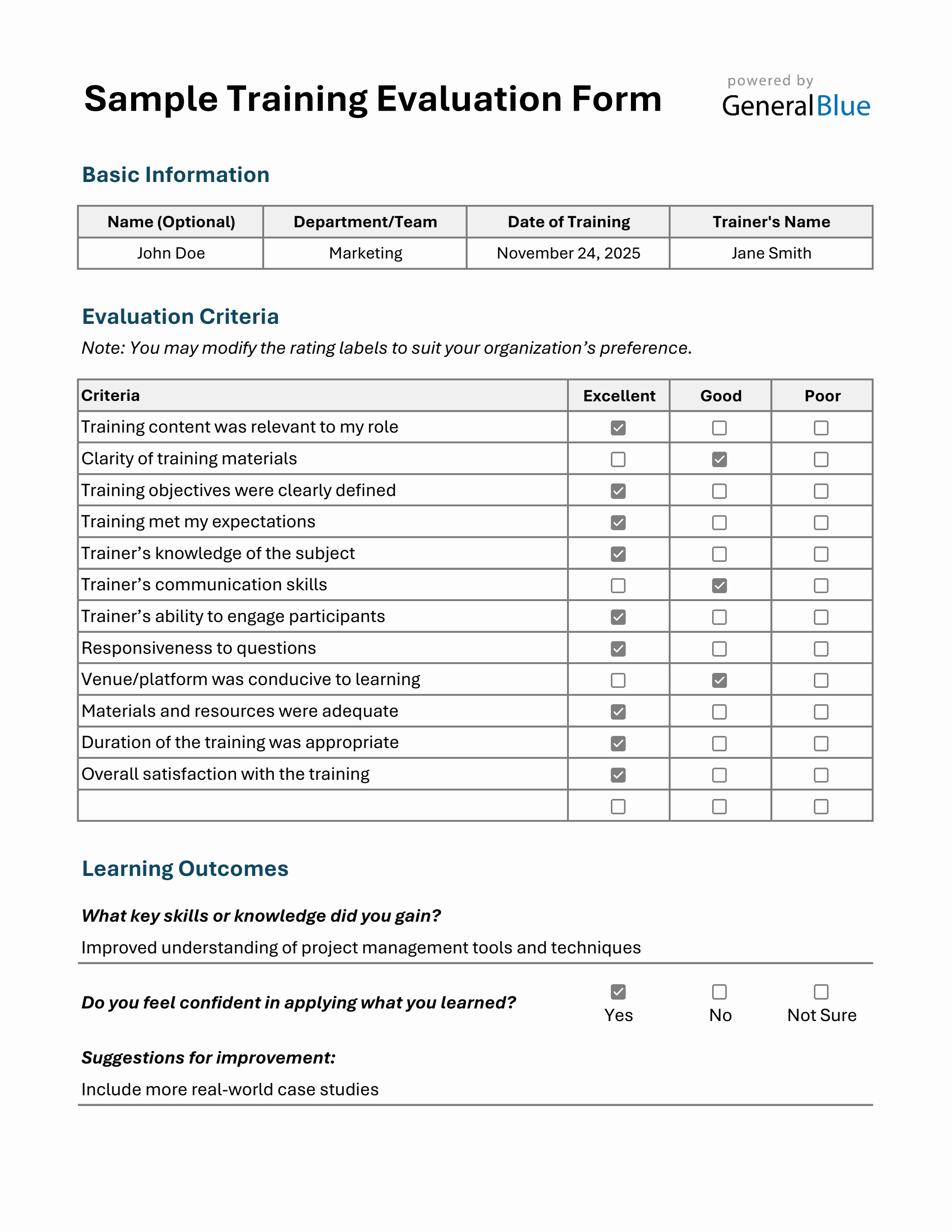 Training Evaluation Form – Free Download in Excel
