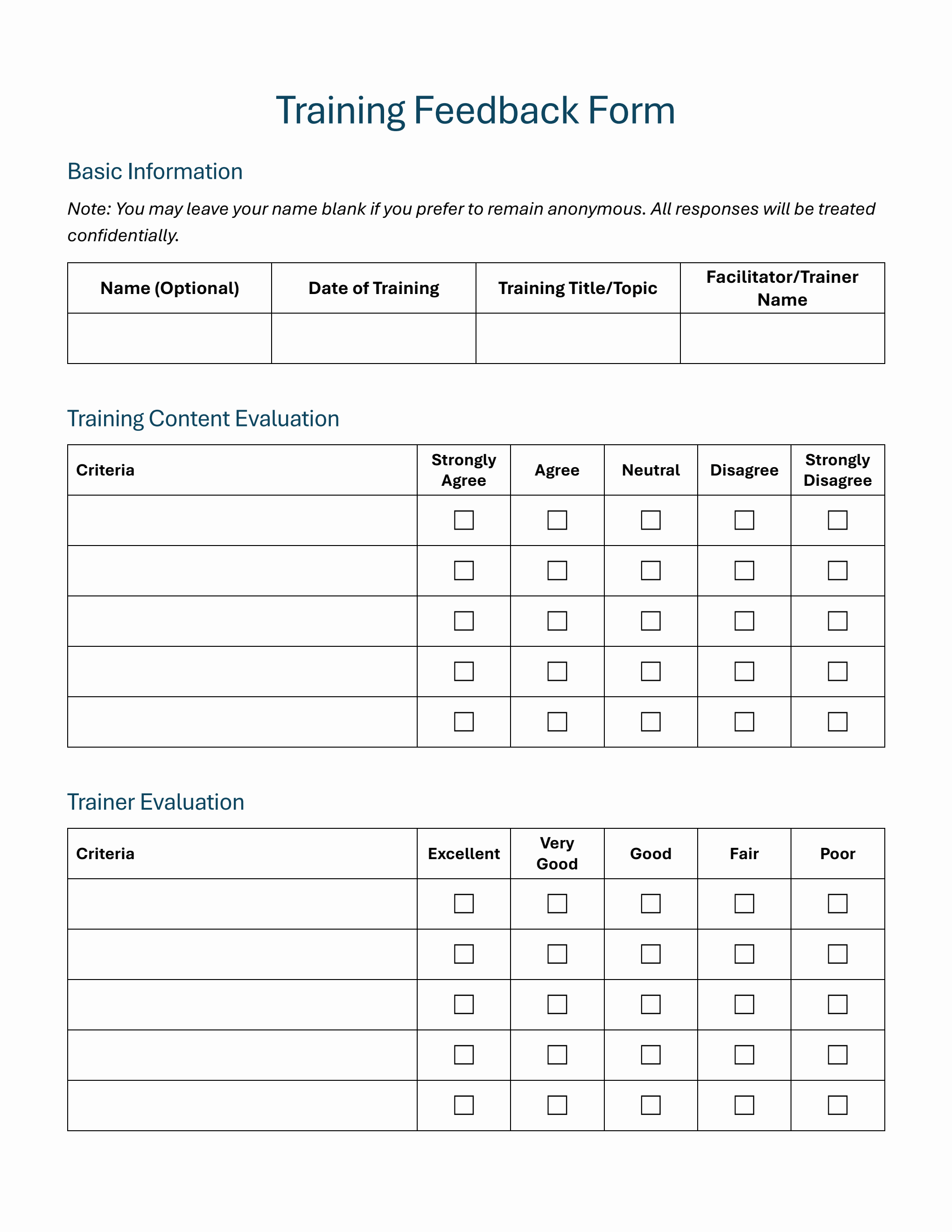 Comprehensive Training Feedback Form Template Word