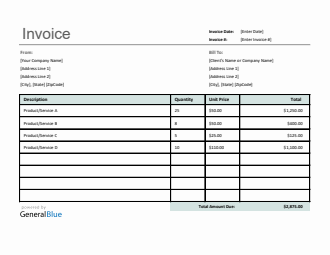 U.S. Invoice Template in Excel (Blue)