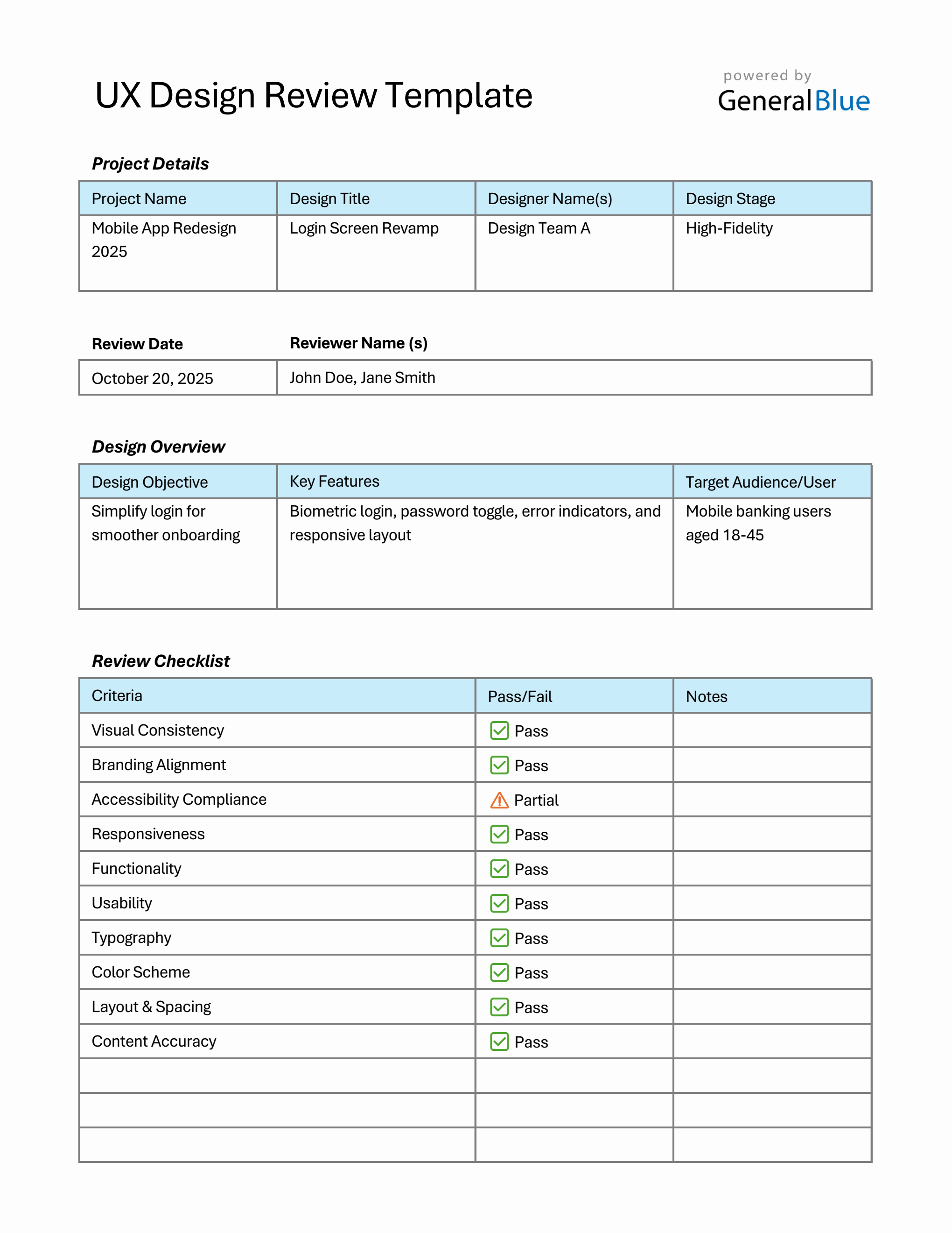 UX Design Review Template (Excel Format)