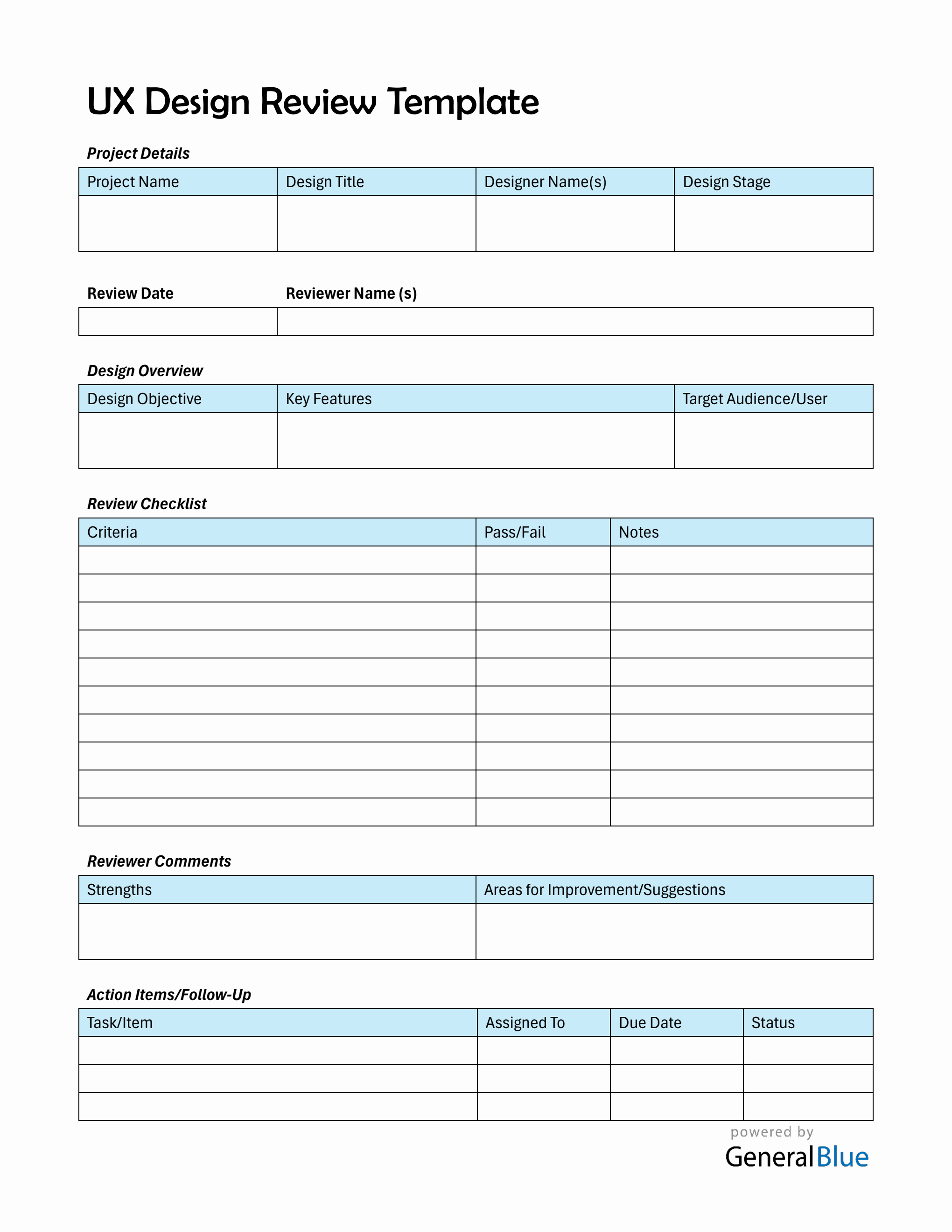 UX Design Review Template (PDF Format)