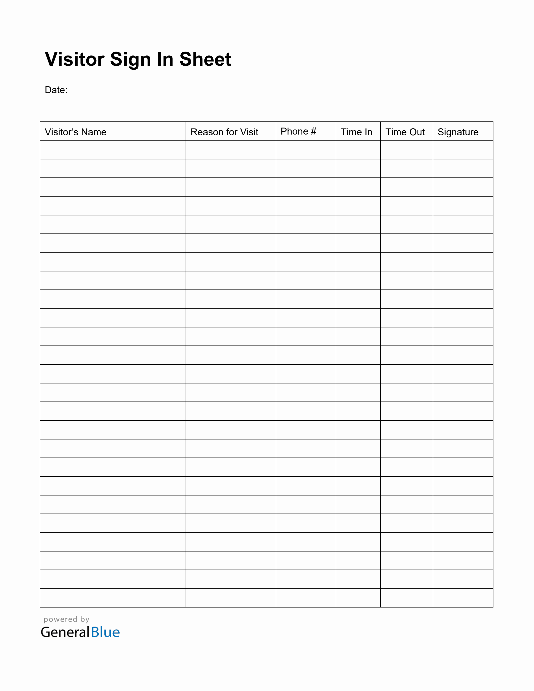 Printable Visitor Sign In Sheet in PDF
