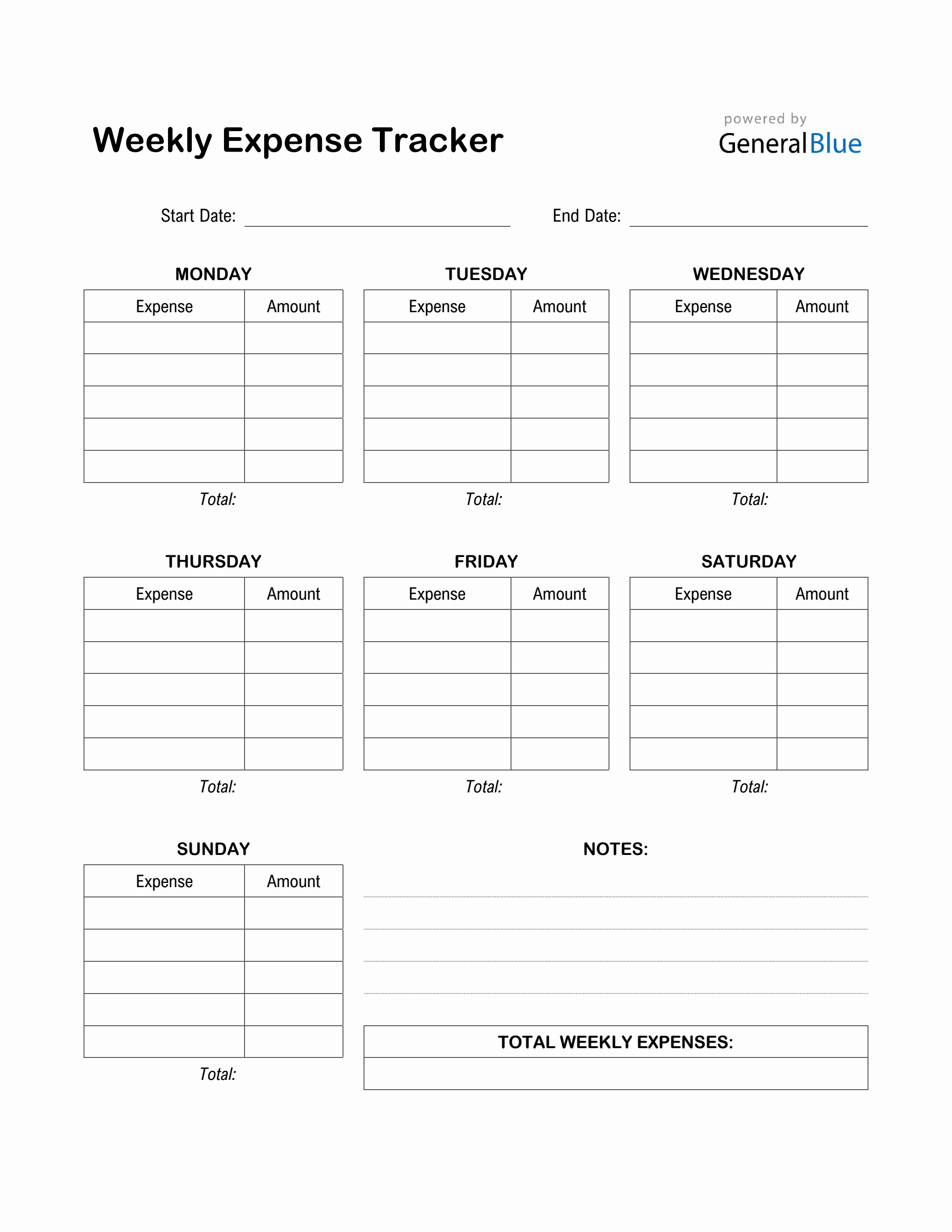 Weekly Expense Tracker in Word (Printable)