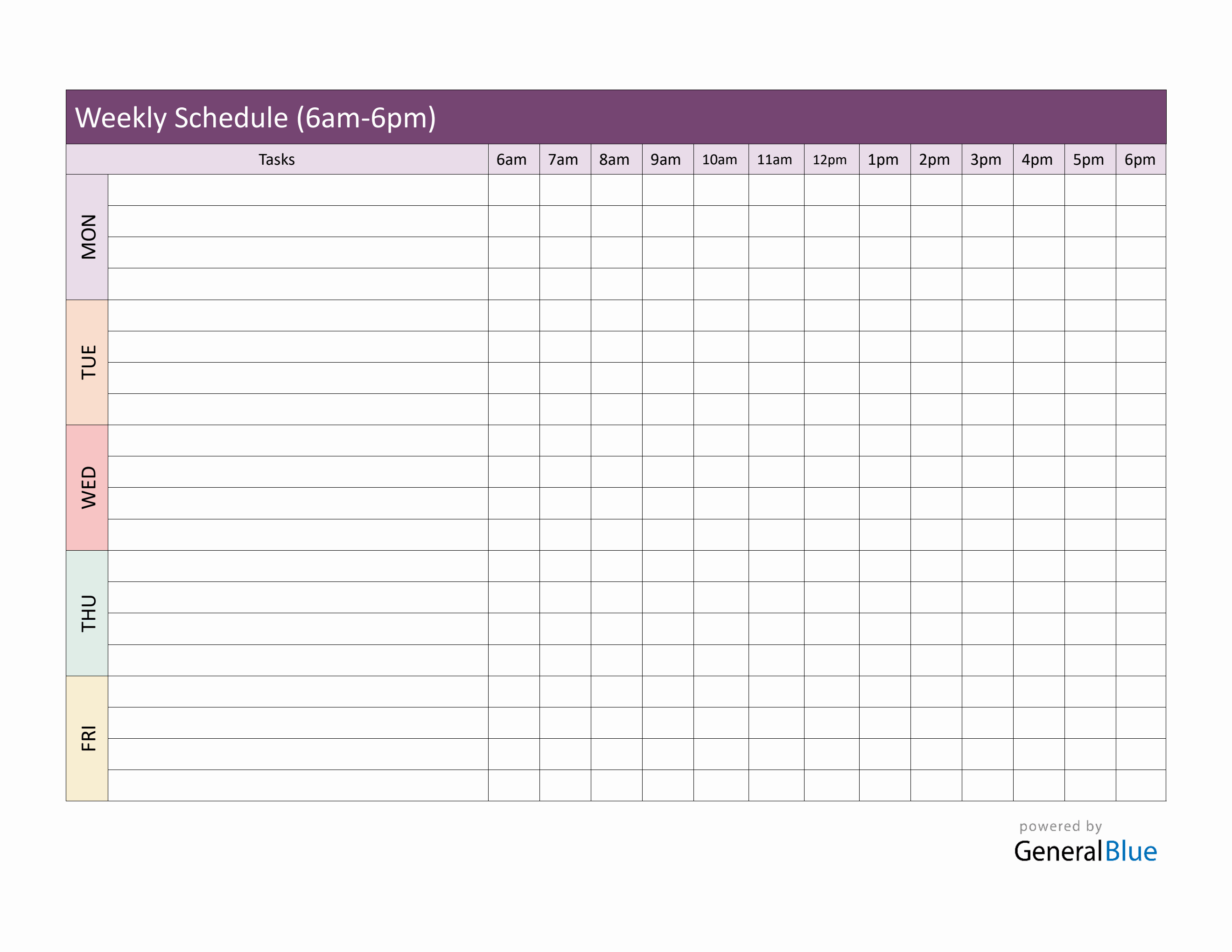 Weekly Hourly Planner in Microsoft Word (with 6Am To 6Pm Time Slots)