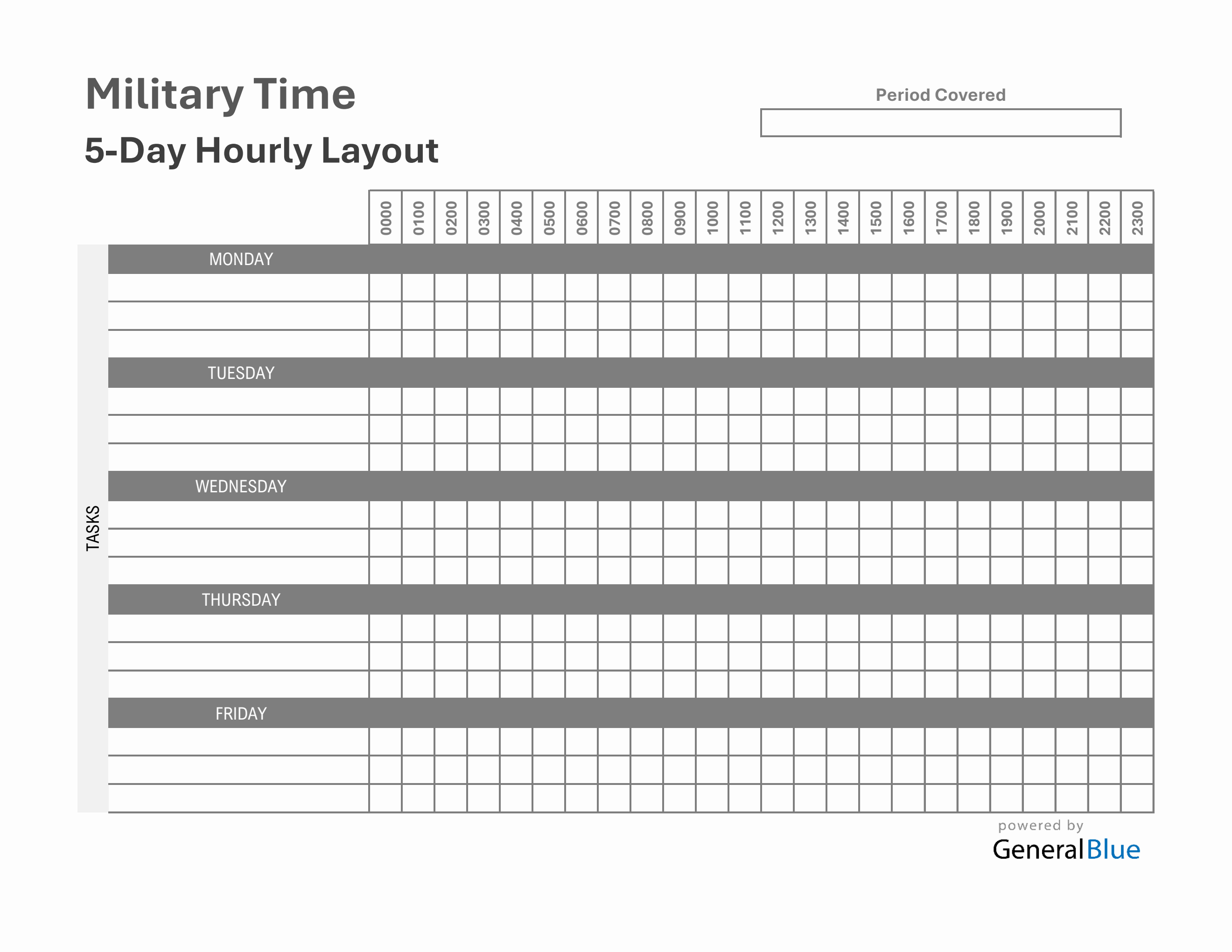 Printable Military Time 5-Day Schedule Template in Excel