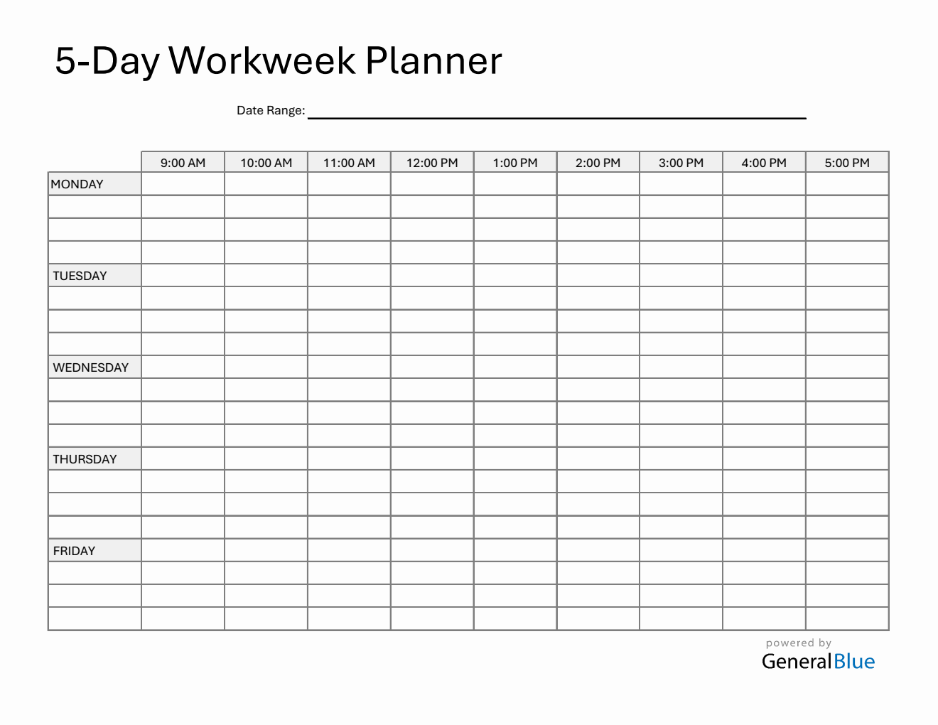 5 Day Workweek Planner In Excel 9Am To 5Pm 5 Day Workweek Planner In Excel 9Am To 5Pm