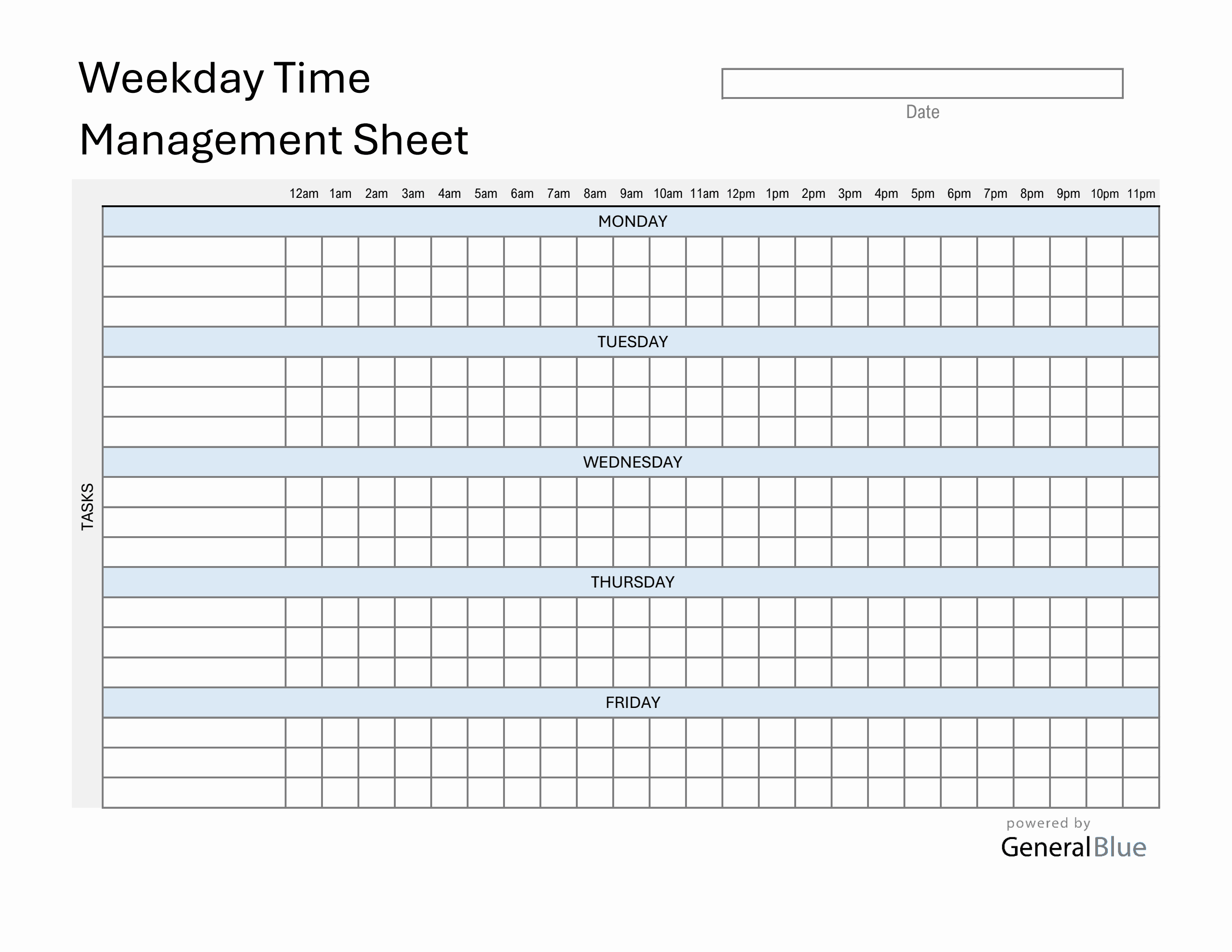 5 Day Weekday Time Management Sheet (Excel)
